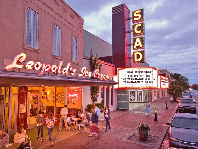 The iconic peach-colored façade with that glowing neon sign feels like a beacon of sweetness on Broughton Street. Savannah's dessert landmark awaits.