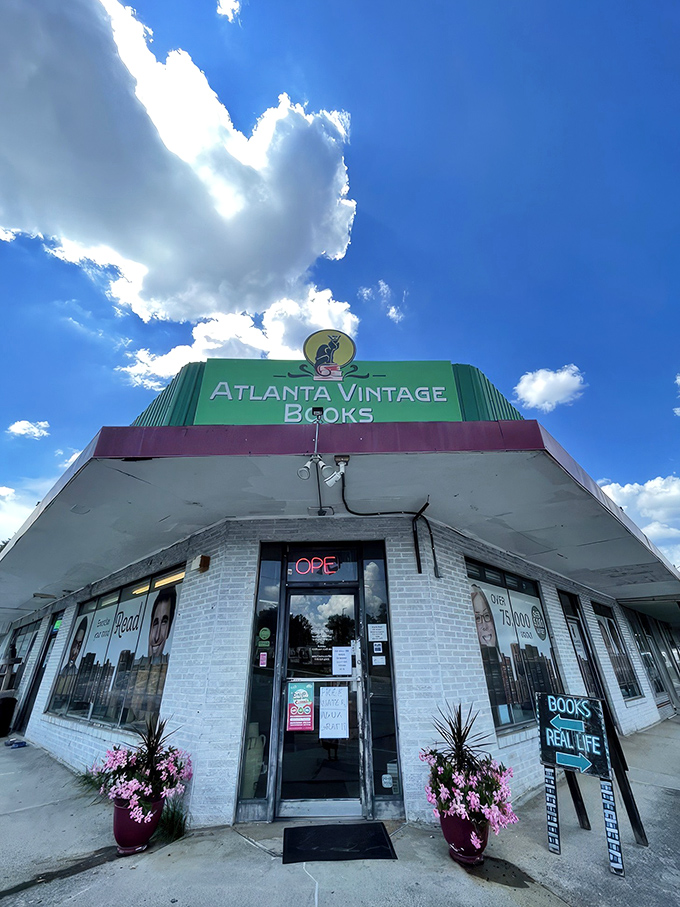 The unmistakable teal facade of Atlanta Vintage Books stands like a literary oasis in Chamblee. Book lovers, your mothership is calling.