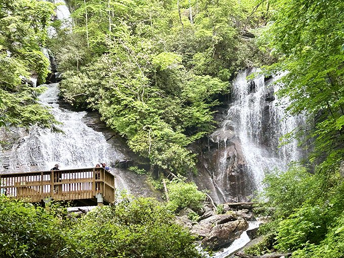 A wooden observation deck lets you get close enough to feel the misty spray, but far enough to avoid an unexpected wilderness shower.