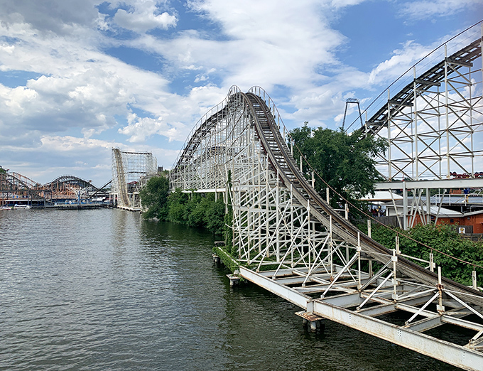 The wooden beauty of Hoosier Hurricane looks even more impressive against Indiana's sky—proof that roller coaster architecture is its own magnificent art form.