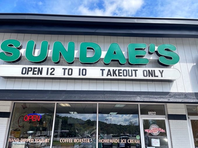 That teal sign isn't just advertising ice cream&mdash;it's a beacon of hope in a world of mediocre desserts. Sundae's unpretentious storefront promises homemade bliss waiting inside.