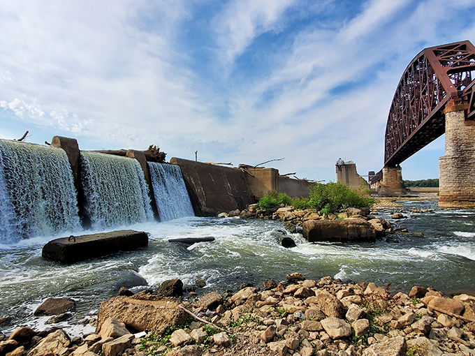 Nature's perfect waterfall frames vibrant purple wildflowers at Falls of the Ohio. Mother Nature's landscaping puts human efforts to shame!