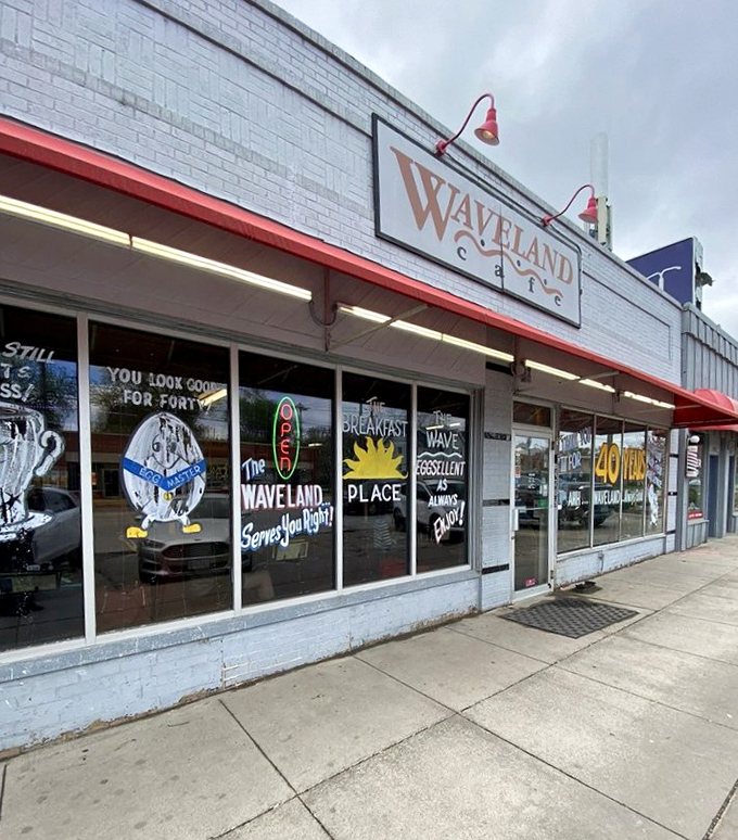 The unassuming storefront that's launched a thousand breakfast dreams. Waveland Cafe's exterior promises nothing fancy&mdash;just honest-to-goodness Iowa morning magic.