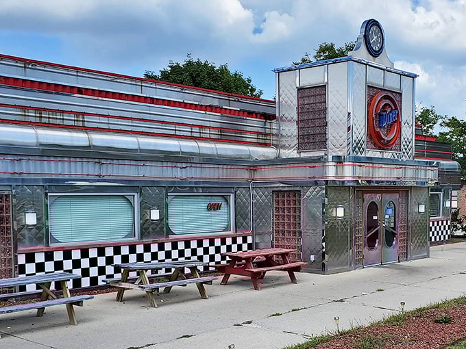 That classic chrome and red exterior whispers promises of comfort food perfection awaiting inside. 