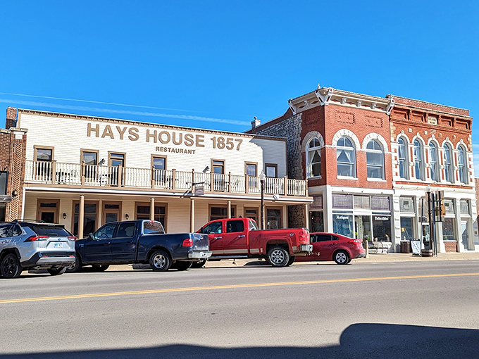 The historic fa&ccedil;ade of Hays House 1857 stands proudly in Council Grove, a time capsule of frontier hospitality that's witnessed more than a century and a half of American history.