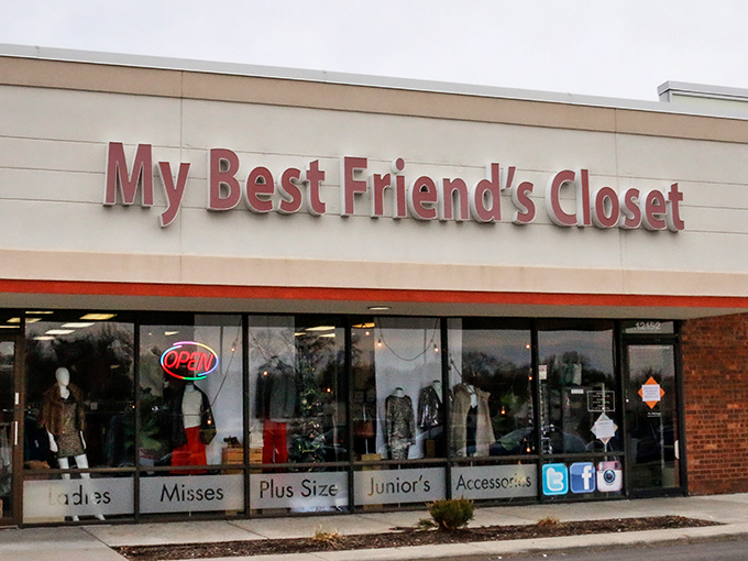 The bright red signage of My Best Friend's Closet beckons like a lighthouse for bargain hunters navigating the sea of retail options in Shawnee. 
