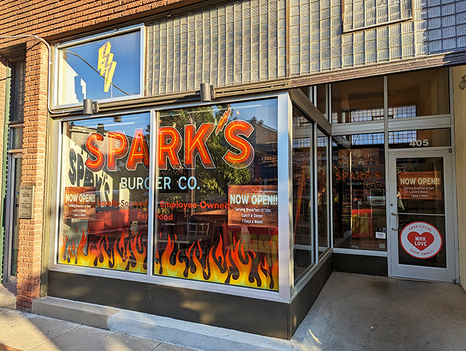 The fiery storefront of Spark's Burger Co. promises what lies within&mdash;a burger experience worth crossing county lines for.