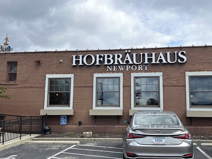 The brick facade of Hofbr&auml;uhaus Newport stands proud, like a Bavarian ambassador that somehow landed in Kentucky with all its German dignity intact.