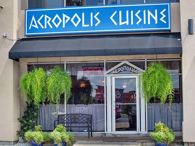The bright blue sign of Acropolis Greek Cafe stands out like a Mediterranean beacon in New Orleans, promising authentic Greek flavors just steps away.