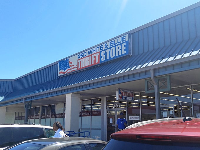 The patriotic blue roof and bold signage announce your arrival at treasure-hunting paradise. Budget-friendly dreams begin here!