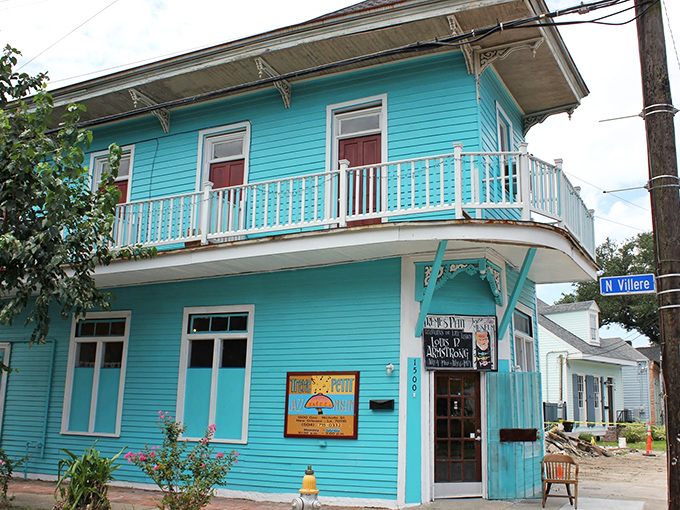 The vibrant blue exterior of Trem&eacute;'s Petit Jazz Museum stands out like a high note in a quiet melody, inviting curious passersby to discover the treasures within.