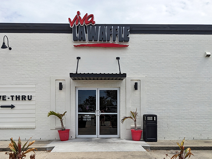 The unassuming white exterior of Viva La Waffle hides a culinary revolution within. Like finding a diamond in a plain setting.