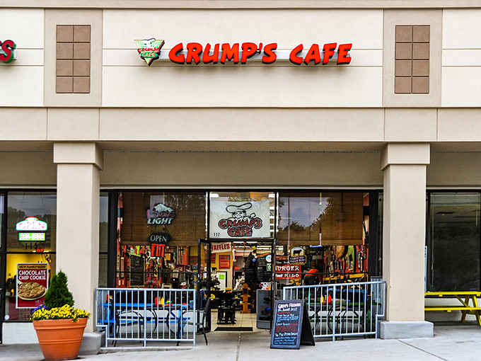 The unassuming strip mall exterior of Grump's Cafe proves once again that the best breakfast joints often hide in plain sight.