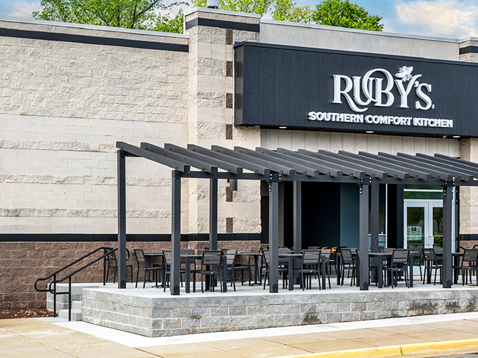 Ruby's modern exterior blends contemporary design with Southern hospitality. The inviting patio practically begs you to sit a spell and stay awhile.