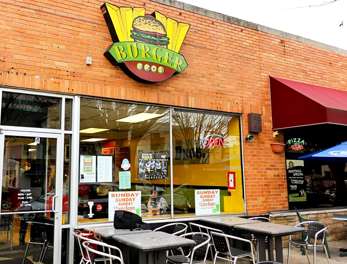The bright yellow Burger Bros sign against brick is like a beacon for burger pilgrims&mdash;promising salvation in sandwich form for the hungry and hopeful.