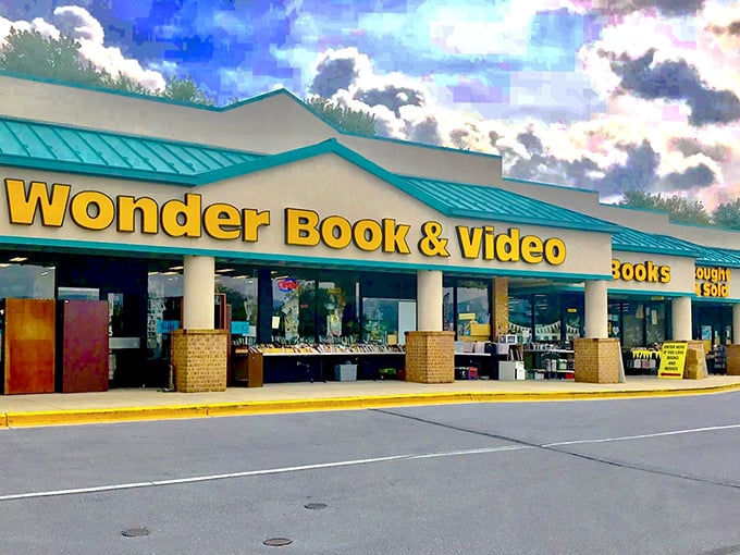 The bright yellow sign of Wonder Book beckons like a literary lighthouse, promising treasures within for the curious and book-hungry.