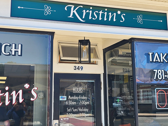 The inviting storefront of Kristin's promises breakfast paradise with its charming navy umbrellas and Early Bird Special that might make you do a double-take at the wallet-friendly prices.