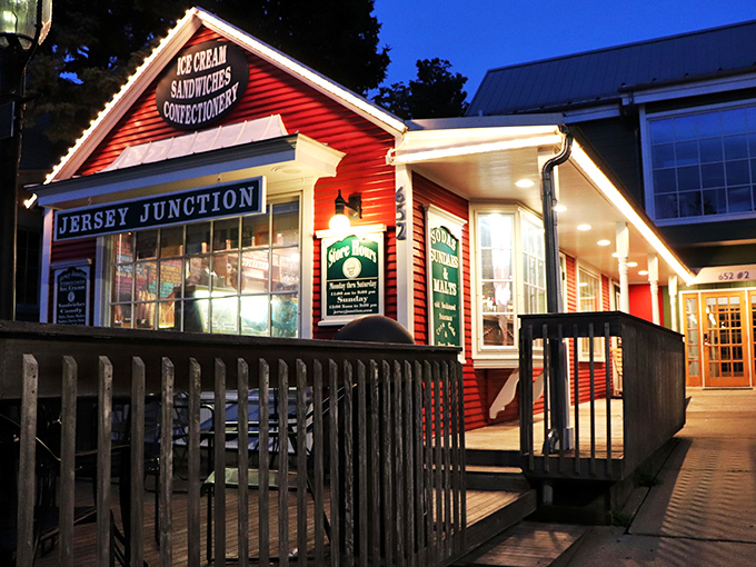 The red clapboard exterior of Jersey Junction glows like a beacon of sweetness against the evening sky, promising frozen happiness within.