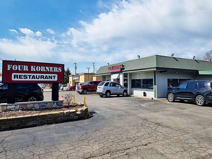 The unassuming exterior of Four Korners Restaurant proves once again that culinary treasures often hide in plain sight. Michigan's comfort food sanctuary awaits. 