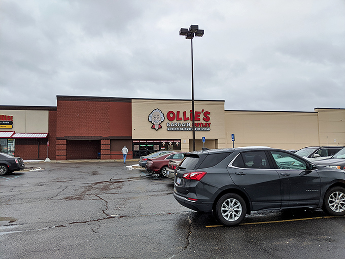 The iconic Ollie's storefront with its cartoon mascot promises what Michigan bargain hunters crave most: "Good Stuff Cheap" without the retail markup drama.