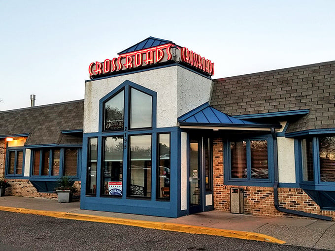 The blue-trimmed exterior of Crossroads Delicatessen stands like a beacon of comfort food in Minnetonka. No wonder locals line up on Mother's Day!