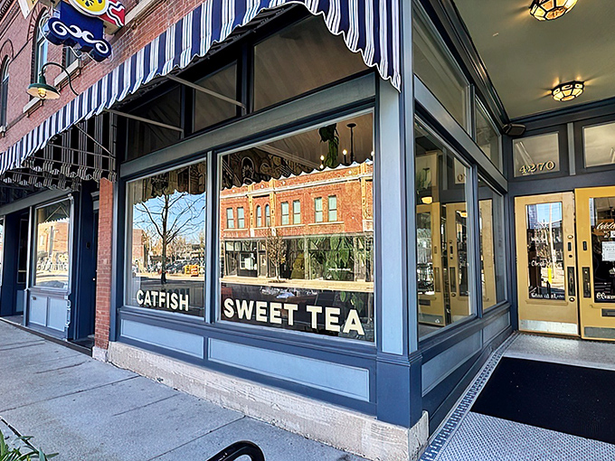 Gold script against blue windows announces "Grace" like an elegant invitation from a Southern friend who knows how to cook.