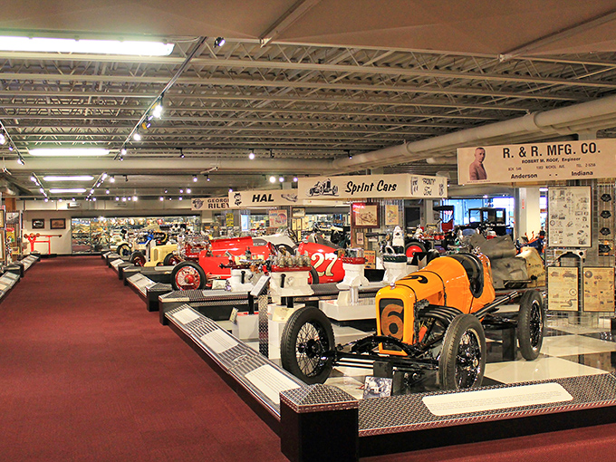 The Museum of American Speed houses an astonishing collection of vintage race cars, including this vibrant orange Vanderbilt Bros Garage racer that practically begs you to hop in and take off.