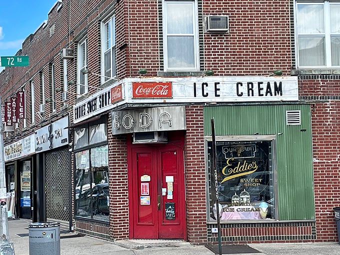 That classic red door and vintage "SODA" sign whisper promises of frozen happiness waiting inside.