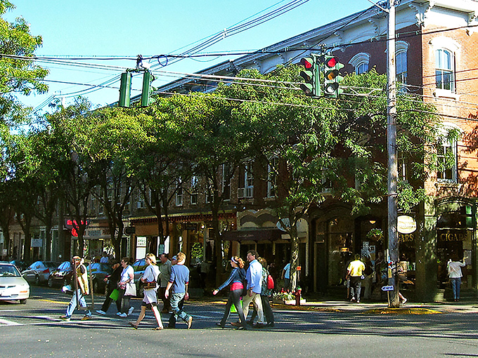 Downtown Rhinebeck bustles with shoppers and locals alike, where historic brick buildings frame a scene that feels like stepping into a kinder, gentler America.