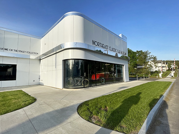 The sleek white exterior of the Northeast Classic Car Museum in Norwich belies the colorful automotive treasures waiting inside, like finding the Louvre in a small-town strip mall.