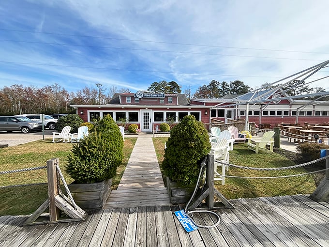 The unassuming pink exterior of Coinjock Marina Restaurant belies the culinary treasure within. Adirondack chairs invite weary travelers to pause before the feast begins.