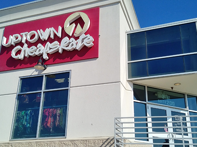 The modern, eye-catching exterior of Uptown Cheapskate stands out like a fashion beacon in Raleigh, promising treasure hunters a stylish adventure within.