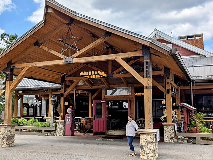 The iconic red exterior of Angus Barn welcomes hungry pilgrims like a carnivore's North Star guiding them home to beef paradise.