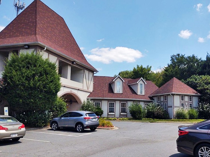 Bavaria meets the Carolinas in this charming Tudor-style exterior. The steep-pitched roof practically yodels "authentic German cuisine awaits inside!"