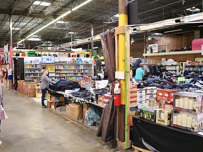 Step right up to the carnival of commerce! This flea market aisle is a kaleidoscope of neon signs, cowboy hats, and endless possibilities.