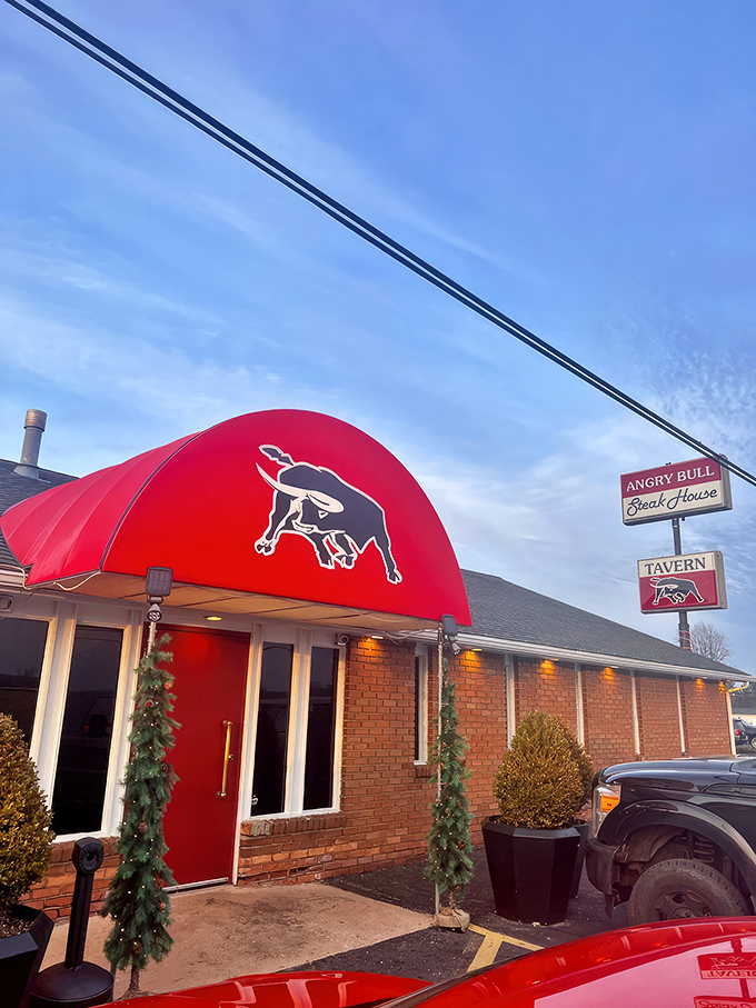 The iconic red awning with its charging bull silhouette isn't just a sign—it's a beacon for carnivores across Ohio's north coast.