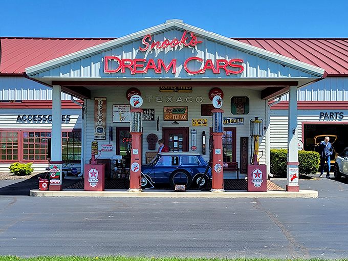 The vintage Texaco gas station façade welcomes visitors like a portal to America's automotive golden age, complete with those iconic red pumps.