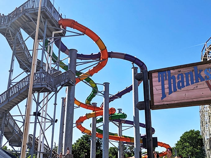 A bird's-eye view reveals Frontier City's wooden roller coaster snaking through lush greenery, proving thrills and nature can coexist beautifully in Oklahoma City.