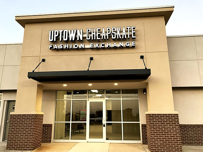 The unassuming exterior of Uptown Cheapskate in Midwest City hides a treasure trove of fashion finds that would make any bargain hunter's heart skip a beat.