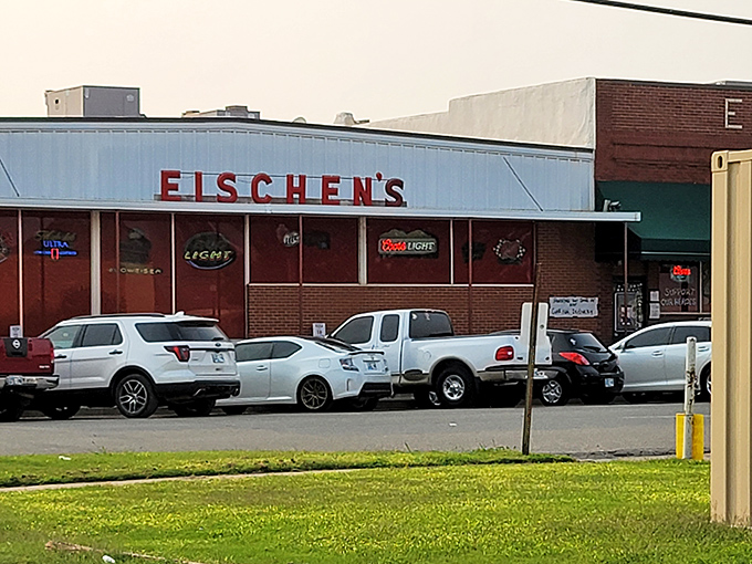 The unassuming exterior of Eischen's Bar hides Oklahoma's worst-kept culinary secret. Packed parking lot tells the real story&mdash;people know where the good stuff is.