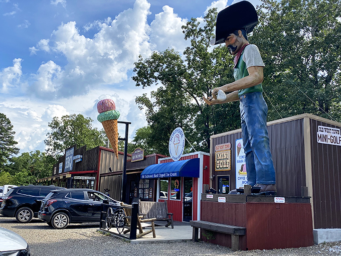 The cowboy statue and giant ice cream cone aren't just landmarks&mdash;they're sentinels guarding the gateway to frozen paradise in Broken Bow.