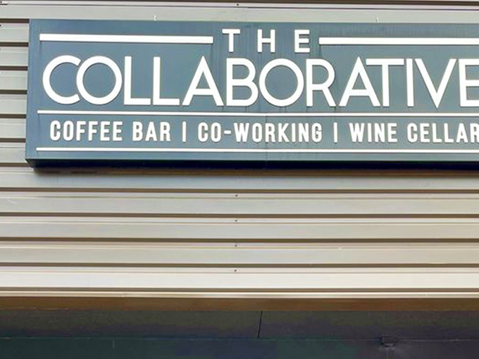 The sleek exterior of The Collaborative announces its triple threat status: coffee bar, co-working space, and wine cellar. Modern architecture with purpose.