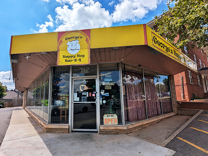 That bright yellow awning isn't just a color choice&mdash;it's a beacon of barbecue hope on the Oklahoma City horizon. No fancy frills needed when the smoke speaks for itself.