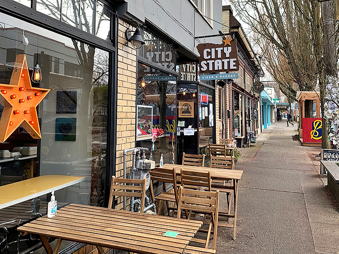 The iconic City State sign beckons hungry Portlanders like a lighthouse for the breakfast-obsessed. Those picnic tables have witnessed countless weekend recovery brunches.