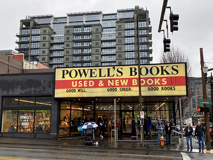 The iconic yellow and red sign beckons bibliophiles like a literary lighthouse. "Good Will. Good Cheer. Good Books." Truer words were never displayed.