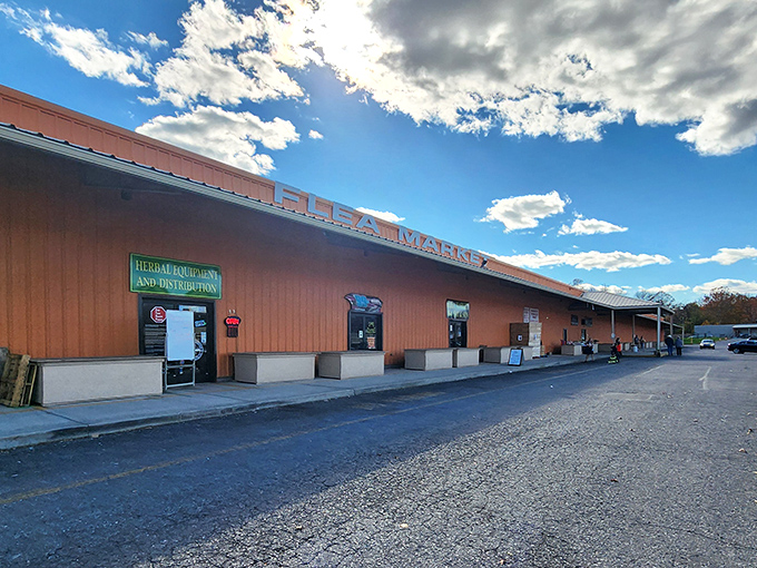 The unassuming orange exterior of Antique Depot stands like a treasure chest waiting to be opened, with storm clouds adding dramatic flair to your bargain-hunting adventure.