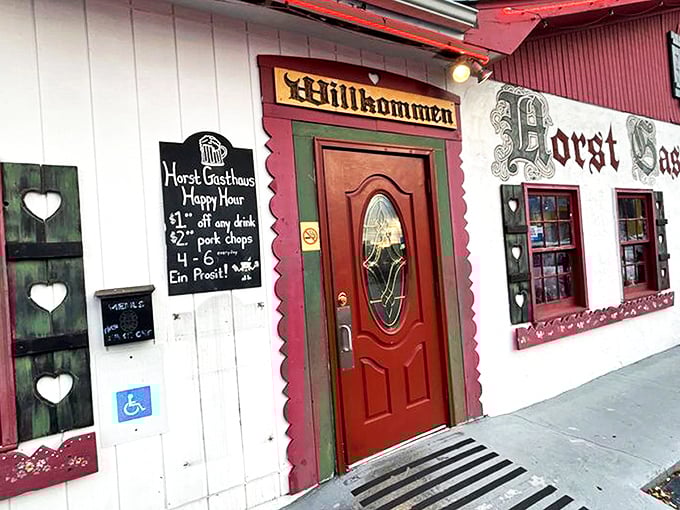 The red-trimmed fa&ccedil;ade of Horst Gasthaus stands out like a lederhosen at a beach party, complete with "Willkommen" sign inviting hungry travelers inside.