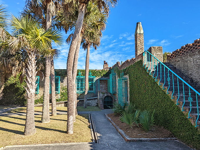 The vine-covered walls of Atalaya Castle create a striking contrast against South Carolina's blue skies, where Mediterranean dreams meet Palmetto State reality.
