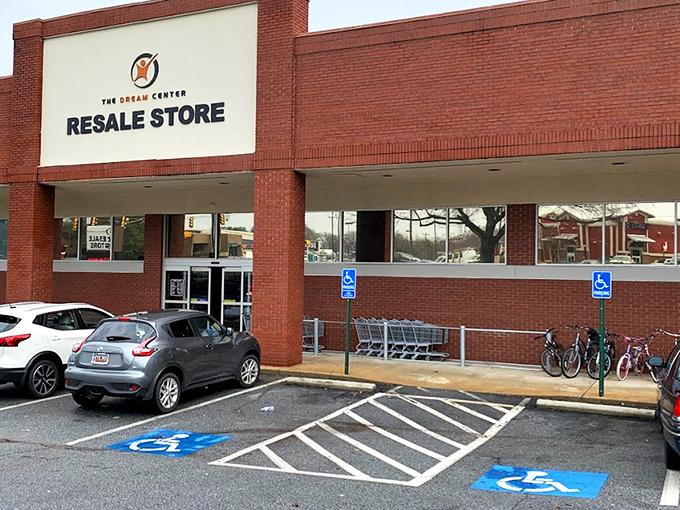 The unassuming brick exterior hides a wonderland of secondhand treasures, like finding Narnia in a strip mall. Adventure awaits behind those glass doors!