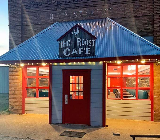 The blue exterior and iconic red door of The Roost Cafe stand as a beacon of hope for hungry travelers in Eustace. Small-town charm at its finest!